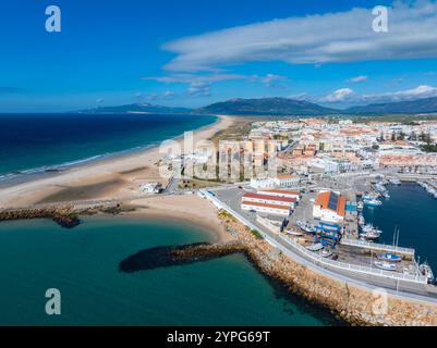 Aerial View of Tarifa's Coastal Landscape and Harbor in Spain Stock ...