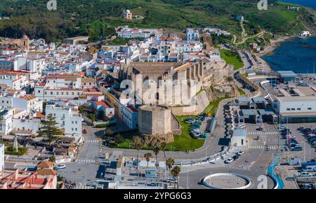 Aerial View of Tarifa, Spain Featuring Guzman Castle and Harbor Stock ...