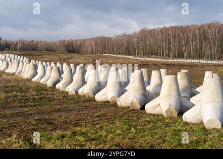 Concrete barriers that are part of Poland's East Shield fortification ...