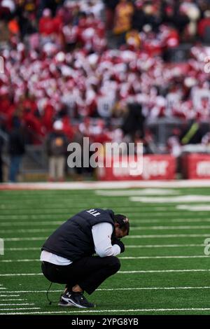 Wisconsin head coach Luke Fickell talks with a referee during the first ...