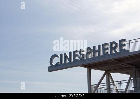 A large Cinesphere sign on metal scaffolding marks the entrance to the ...