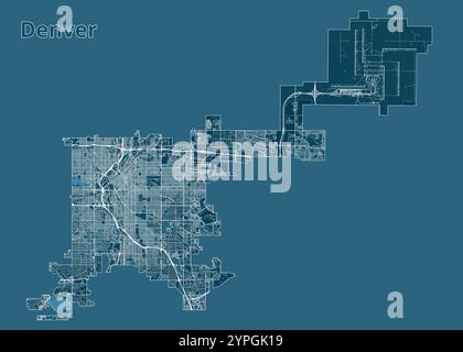Map of Denver in Colorado in blue. Contains layered vector with roads ...