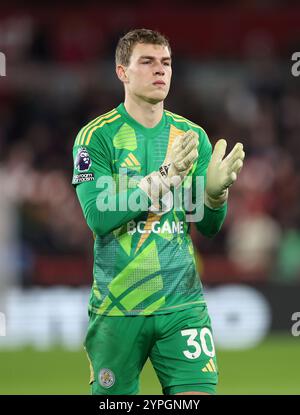 #30, goalkeeper Mads Hermansen of Leicester City clears the ball during ...