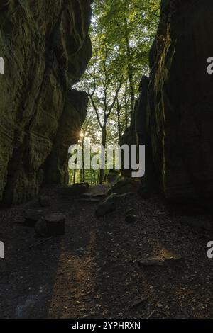 Sunset on the Mullerthal Trail, hiking trail between sandstone cliffs ...