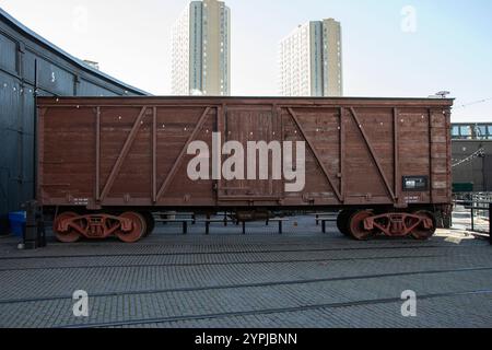 Wooden box car at Roundhouse Park on Brenner Boulevard in downtown ...