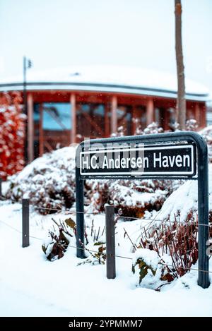 Snowy rooftops of traditional Danish buildings near Hans Christian ...