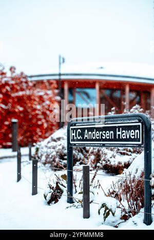 Snowy rooftops of traditional Danish buildings near Hans Christian ...