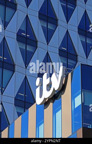 ITV logo on building, Media City, Salford Quays Stock Photo - Alamy