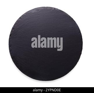 Empty black round slate serving board on white background with rustic ...