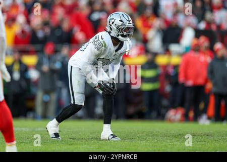 Las Vegas Raiders safety Chris Smith II (29) reacts following an NFL ...