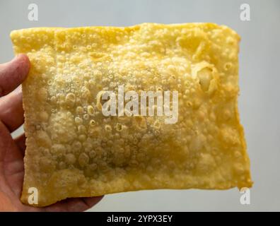 Traditional Brazilian fried pastry stuffed with ground beef. "Pastel de ...