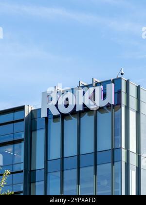 Roku sign, logo at corporate headquarters campus of consumer ...