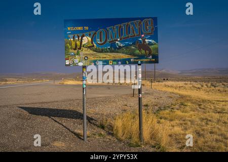 OCT 2020, Wyoming, USA - Welcome to Wyoming State Highway sign welcomes ...
