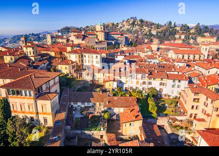 aerial view of Piazza Vecchia in Bergamo Alta, Italy, showing the white ...
