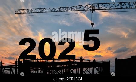2025. New Year 2025. Construction crane sets numbers for New Year 2025 ...
