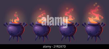 Boiling witch cauldron sprite set isolated on black background. Vector ...