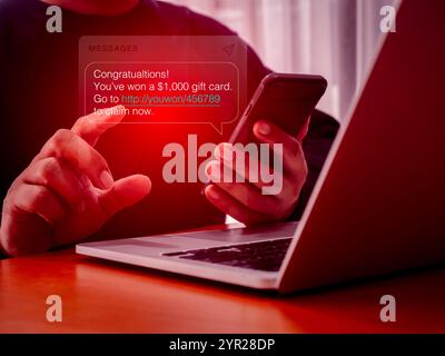 SMS spam, fake text message phishing scammer concept. Winning ...