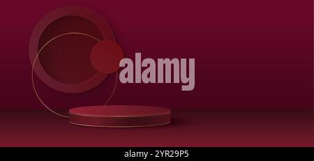 Red maroon luxury podium with golden strip on beautiful red stripped ...