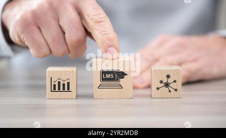 Wooden blocks with symbol of lms concept on blue background Stock Photo ...