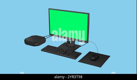 A computer setup featuring a monitor with a green screen, keyboard ...