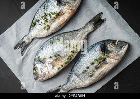 three Raw dorado fish prepared to cook with spices, sea salt, parsley ...