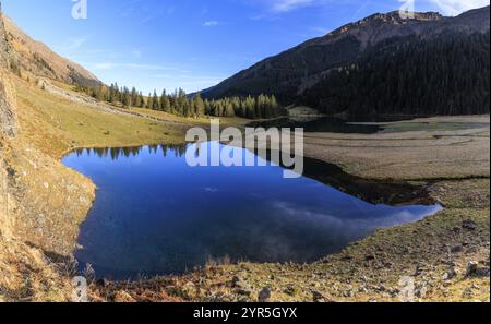 A serene panoramic shot of a calm lake perfectly reflecting a line of ...