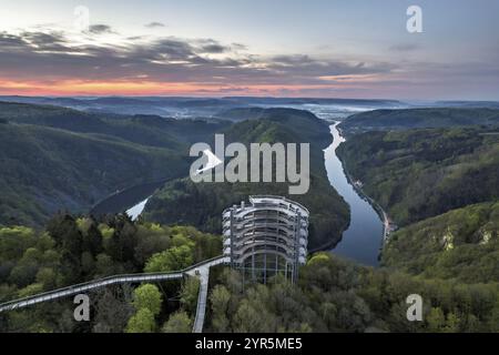 Aerial view of the Saarschleife in Mettlach with the treetop walk in ...