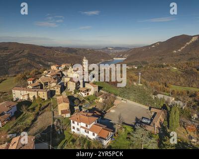 Aerial view of a charming village nestled in a hillside Stock Photo - Alamy