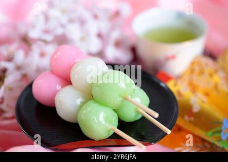 Three Color Japanese Hanami Dango Dumpling sweet dessert on white ...