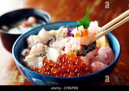 Kaisen-don with live abalone, shrimp and salmon roe Stock Photo - Alamy