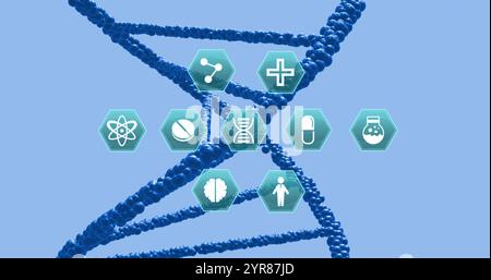 Image of medical icons over dna on blue background Stock Photo - Alamy