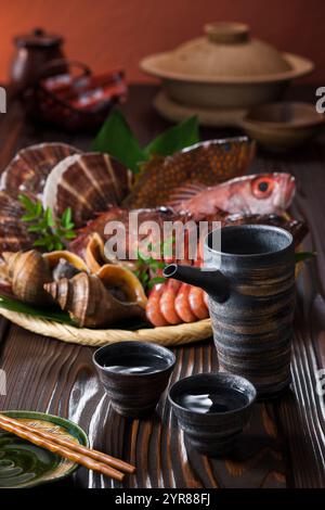 Japanese Sake set from a bottle and two shot glasses and soup made of ...