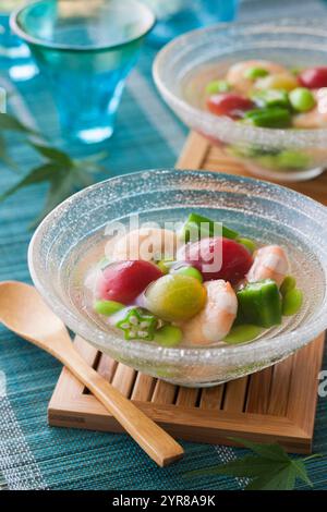 Summer vegetables and prawns in Japanese jelly Stock Photo - Alamy