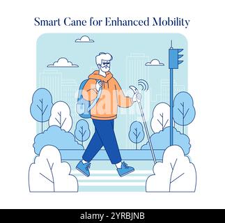 Adaptive Technology concept. Senior man walking with a high-tech cane ...