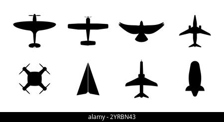 Aircraft top view icon set. Set of black silhouette airplanes, jets ...