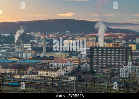 Centre of city with big chemical factory and freight train station in ...