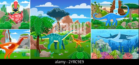 Cartoon prehistoric dinosaurs characters collage of jurassic dino ...