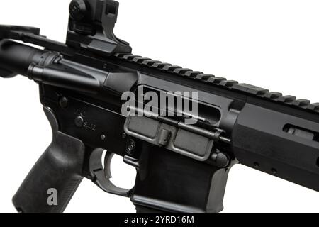 Modern AR-style rifle with a lightweight modular design, black matte ...