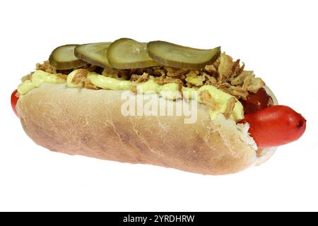 fresh Danish style hot dog with traditional red sausage isolated on ...