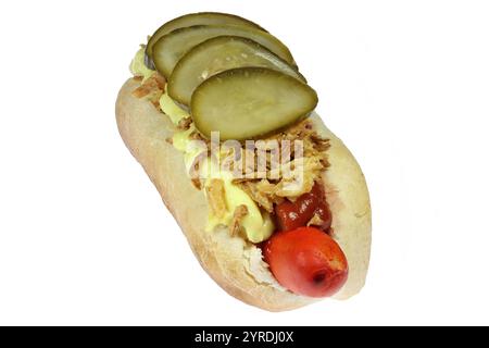 fresh Danish style hot dog with traditional red sausage isolated on ...