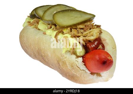 fresh Danish style hot dog with traditional red sausage isolated on ...