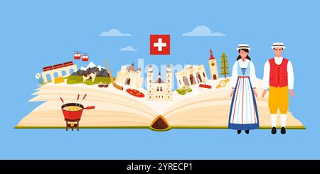 Swiss culture elements, national emblems of Switzerland in infographic ...