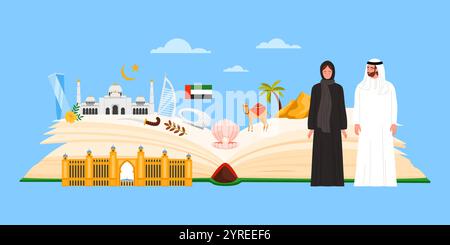 UAE culture elements and landmarks, Dubai architecture, Arabian man and ...