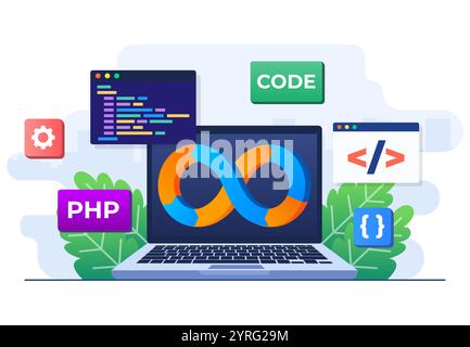 DevOps concept flat vector illustration, Software development and IT operation process ...