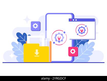 System maintenance flat vector illustration, Error, Fixing trouble, Device updating, Software ...