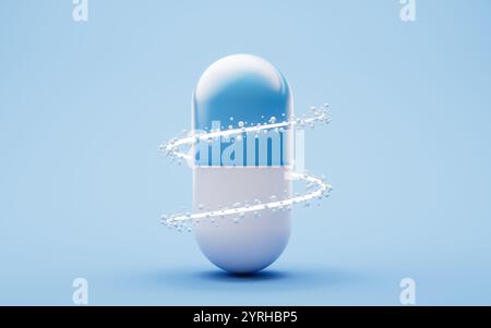 Medical capsule and flowing particles, 3d rendering. 3D illustration ...