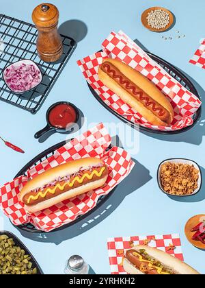 Flat lay composition with ketchup, mustard, mayonnaise and ingredients ...