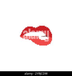 Pixelated red lips illustration. Simple pixel art red lips with open ...
