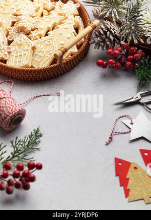 Christmas background with gingerbread on gray surface. Holiday mood ...