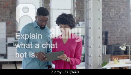 Image of ai chat over diverse colleagues discussing work in office ...